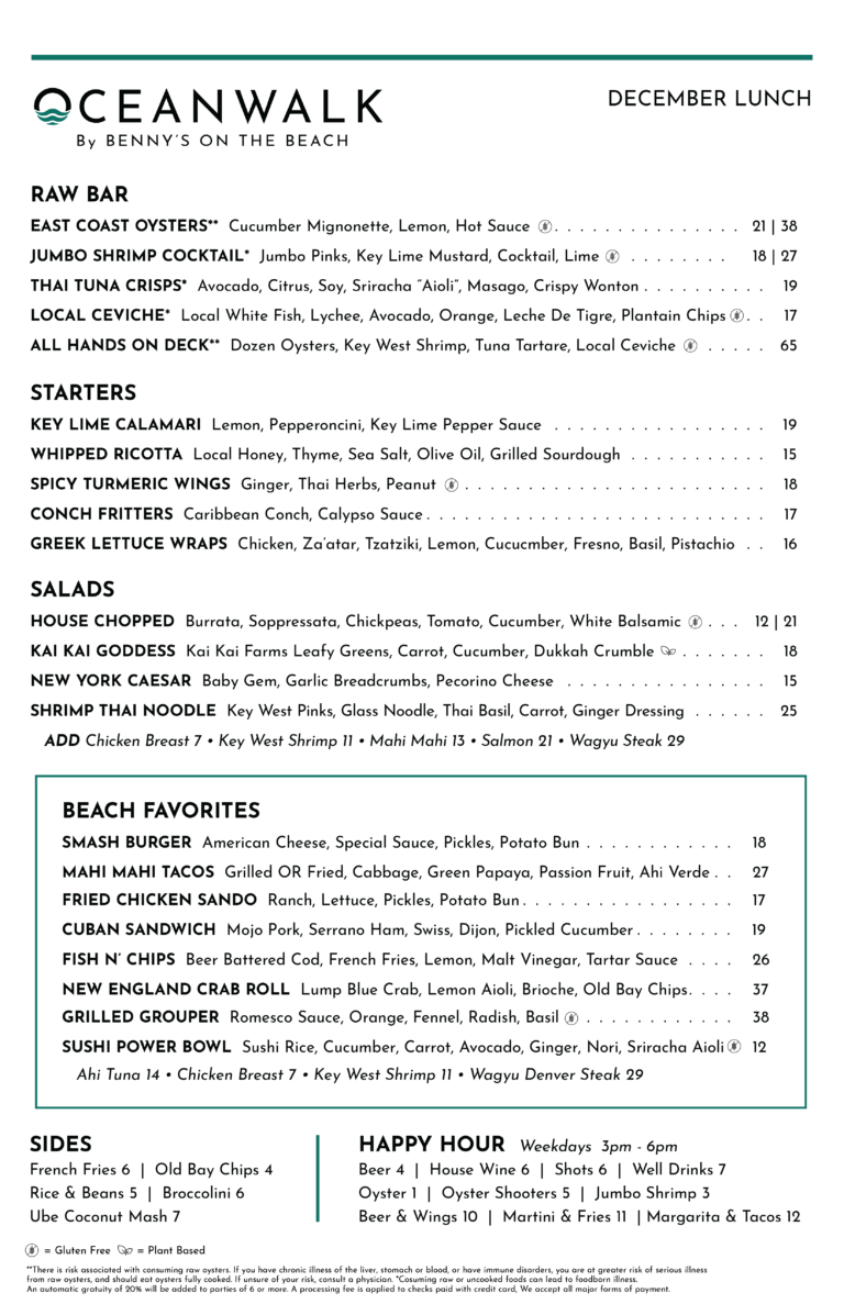 Menus – Oceanwalk by Benny’s on the Beach