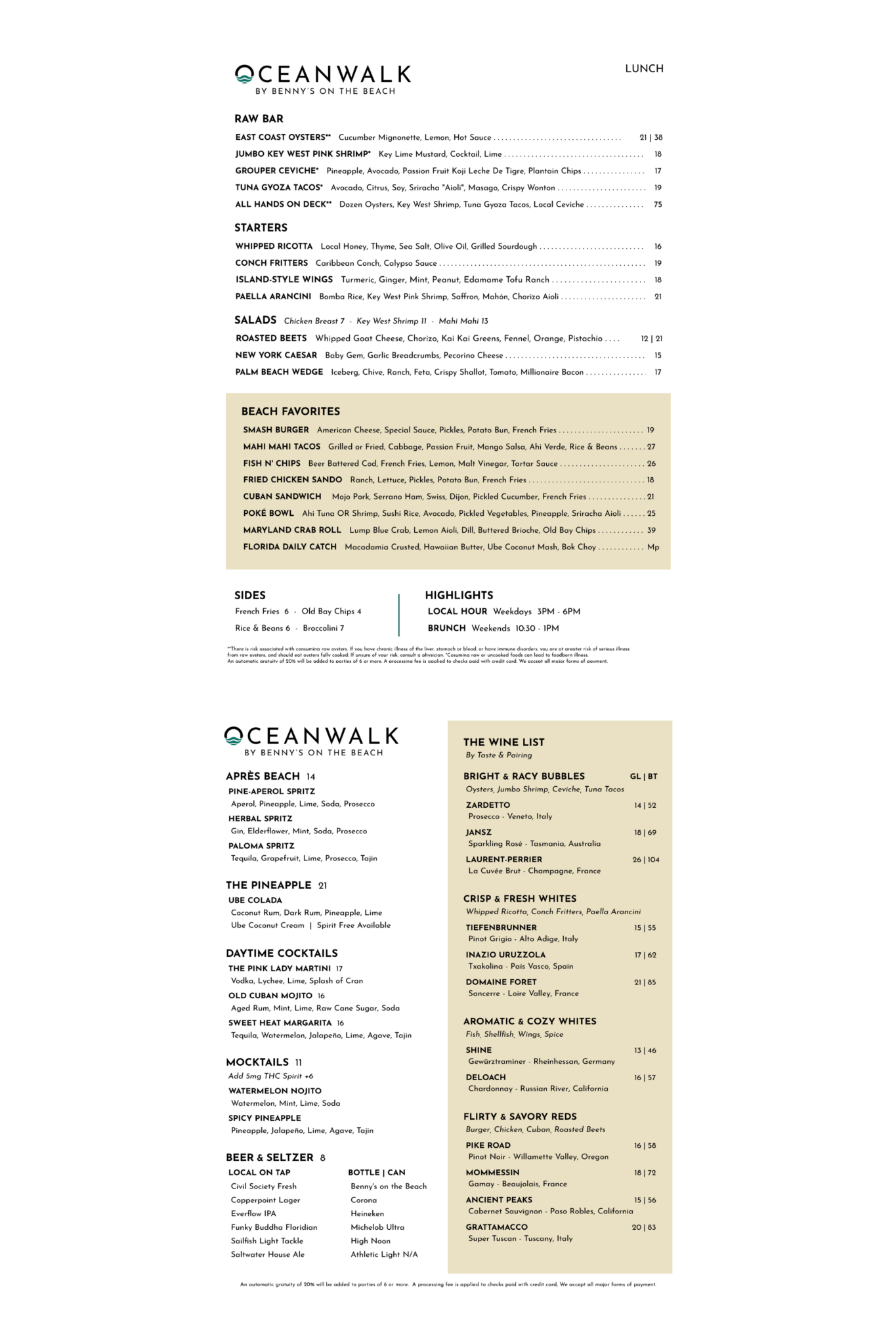 Menus – Oceanwalk by Benny’s on the Beach